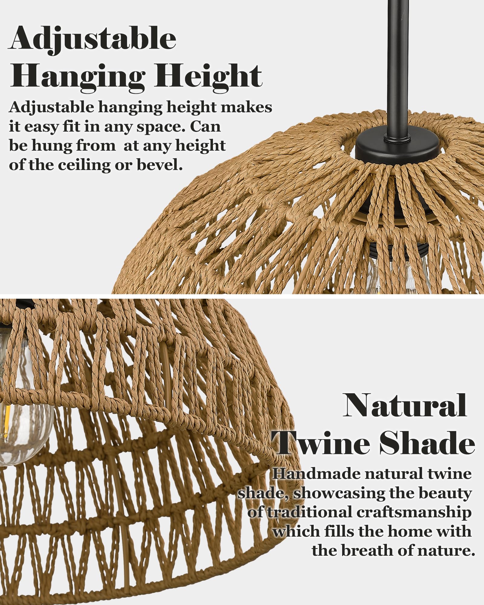 ELYONA Modern Boho Pendant Lights, Hand Woven Hanging Lamp with Dome Basket Shade & Rubber Wood Floor Lamp with Table for Farmhouse Kitchen Island Dining Room Living Room Hallway
