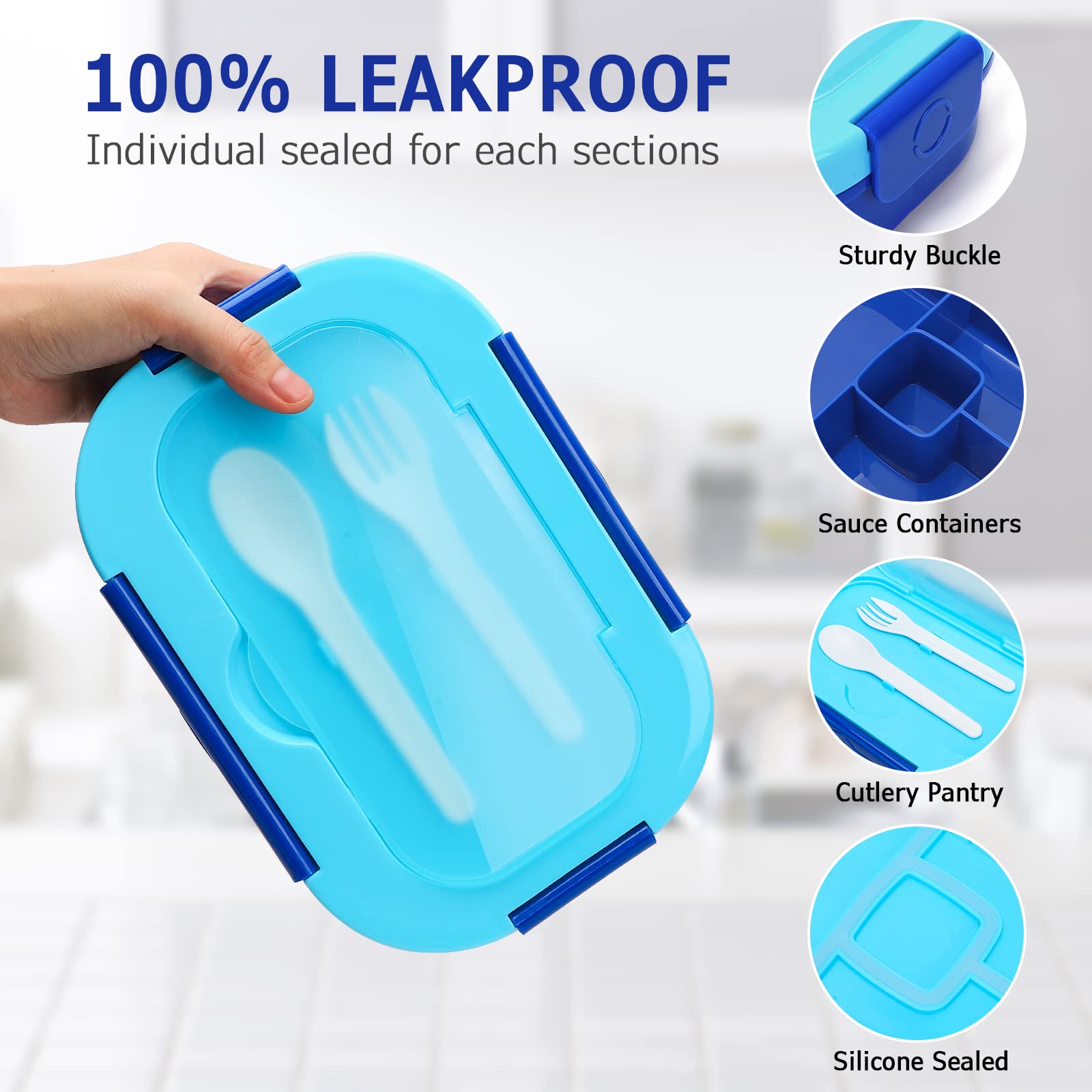 Lunch Box Kids, Bento Lunch Box for Kids Adult, Lunch Box Containers for Girls Boys Teen, 1300ML 4 Compartment Bento Box w/ Food Picks Cake Cups, Microwave/Dishwasher/Freezer Safe, BPA Free, Blue