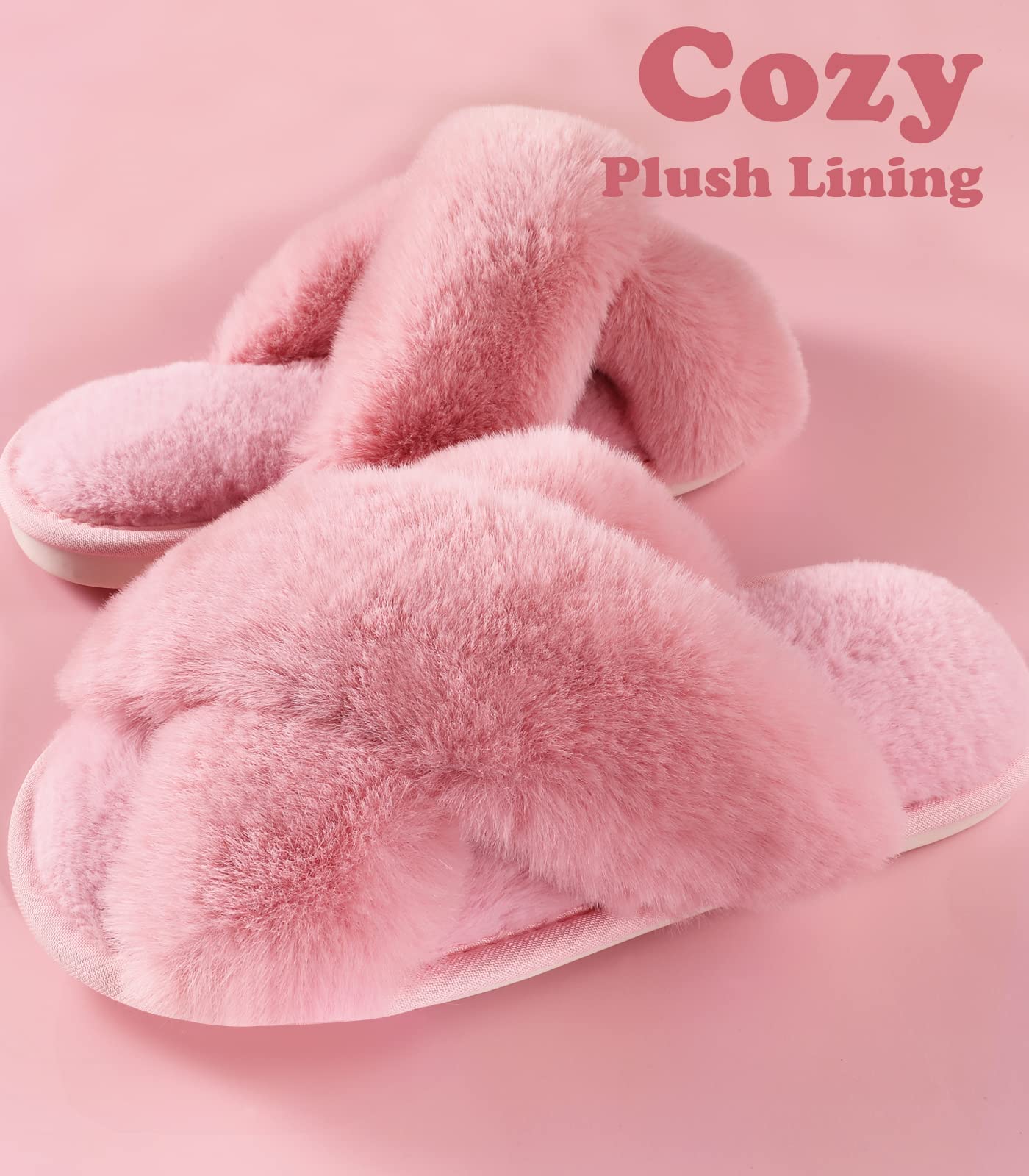 Women's Pink Fuzzy Plush Faux Fur Memory Foam Ankle Slippers - Breathable, Comfy House Indoor Slippers