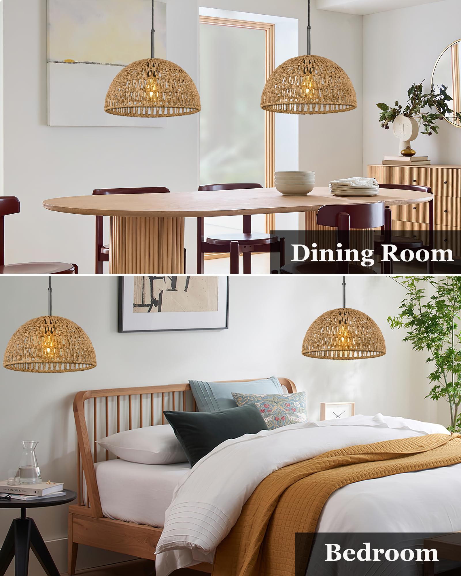 ELYONA Modern Boho Pendant Lights, Hand Woven Hanging Lamp with Dome Basket Shade & Rubber Wood Floor Lamp with Table for Farmhouse Kitchen Island Dining Room Living Room Hallway