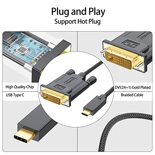 FEMORO USB C to DVI Cable 3 Feet, USB-C (Thunderbolt 3 Compatible) to DVI Cable [Support DVI 4K, 24K Gold Plated, Braided] Compatible for MacBook Pro 2016-2020, Surface Book 2, Dell XPS 13/15, Galaxy