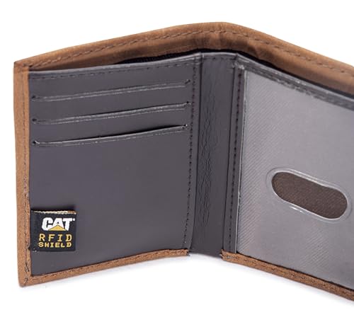 Caterpillar Men's Leather Trifold Wallet with ID Window, Tan, One Size