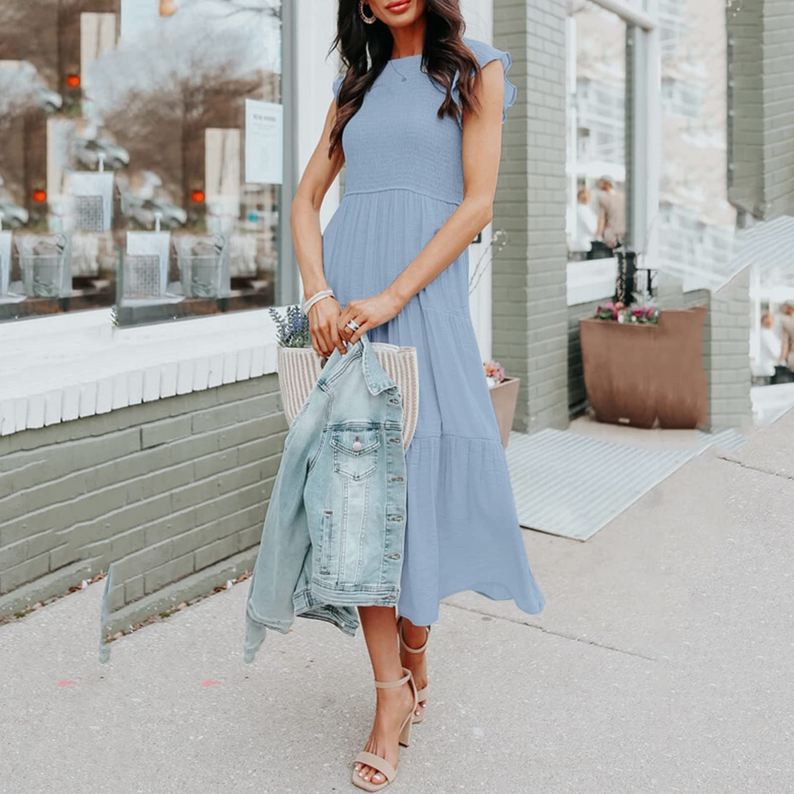 Sundresses for Women Cap Sleeve V Neck Dress Belt Wrap Split Boho Floral Dresses Wedding Party Maxi Sundresses Sky Blue