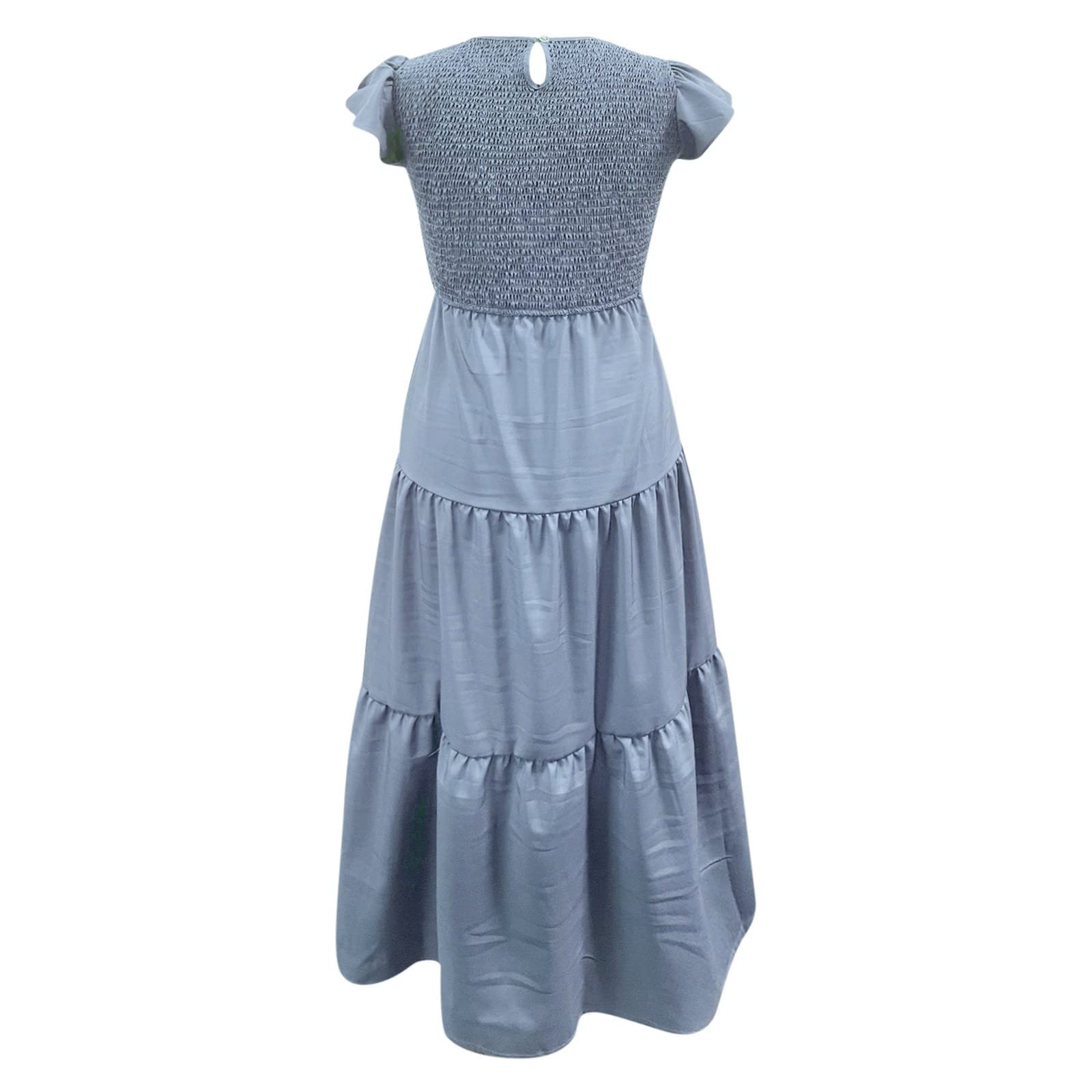Sundresses for Women Cap Sleeve V Neck Dress Belt Wrap Split Boho Floral Dresses Wedding Party Maxi Sundresses Sky Blue