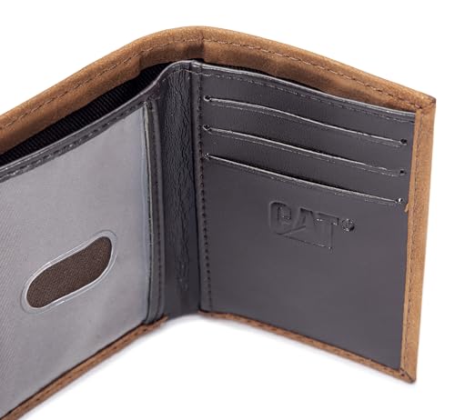 Caterpillar Men's Leather Trifold Wallet with ID Window, Tan, One Size