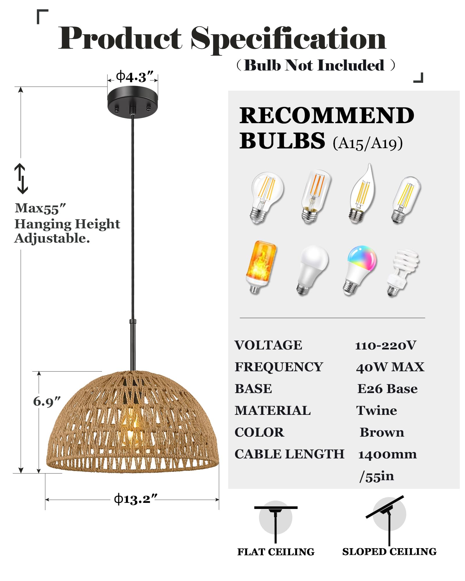 ELYONA Modern Boho Pendant Lights, Hand Woven Hanging Lamp with Dome Basket Shade & Rubber Wood Floor Lamp with Table for Farmhouse Kitchen Island Dining Room Living Room Hallway