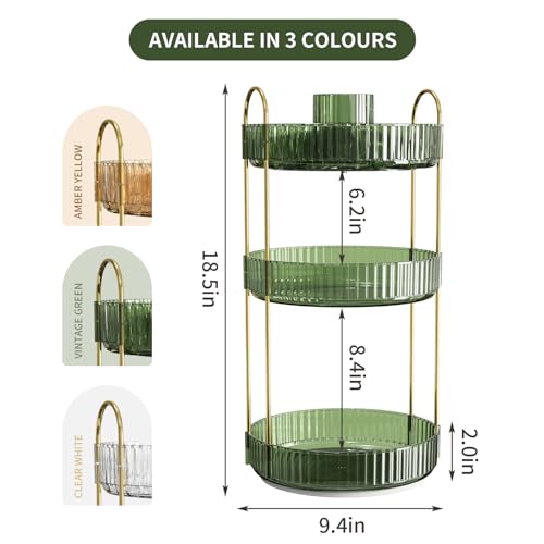 Vtopmart 360° Rotating Makeup Organizer for Vanity, Large Capacity Bathroom Countertop Skincare Organizer, Spinning Perfume Cosmetics Organizer for Dresser Countertop, 3 Tier Green