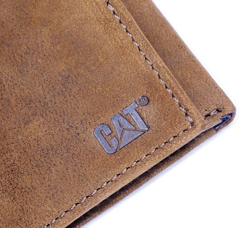 Caterpillar Men's Leather Trifold Wallet with ID Window, Tan, One Size