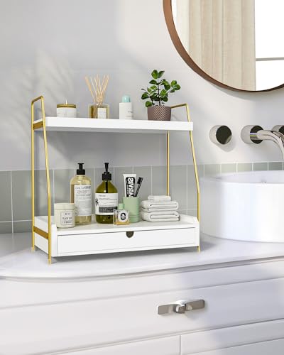 MONVANE 2-Tier Bathroom Organizer Countertop - Solid Wood Bathroom Counter Organizer with Drawer, Simple Standing Vanity Tray for Bathroom Organization and Bathroom Storage (White and Gold)