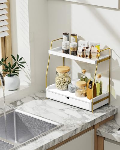 MONVANE 2-Tier Bathroom Organizer Countertop - Solid Wood Bathroom Counter Organizer with Drawer, Simple Standing Vanity Tray for Bathroom Organization and Bathroom Storage (White and Gold)