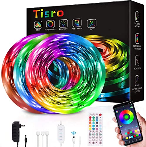 TISRO Led Strip Lights 50ft, Led Lights for Bedroom with Remote and Bluetooth App Control, Music Sync RGB Color Changing Led Light Strips for Room, Bedroom, Kitchen