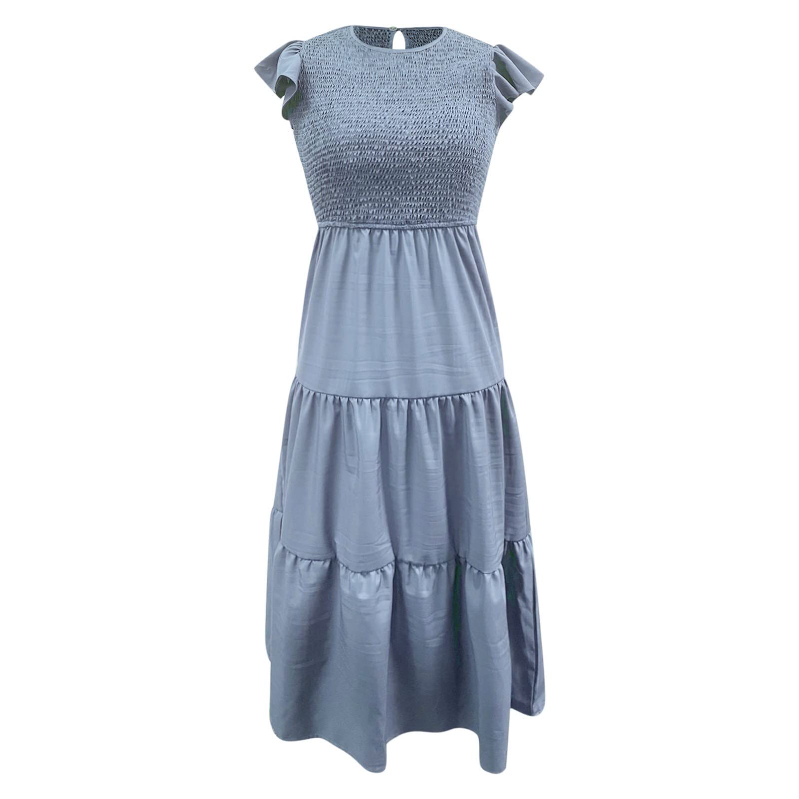 Sundresses for Women Cap Sleeve V Neck Dress Belt Wrap Split Boho Floral Dresses Wedding Party Maxi Sundresses Sky Blue