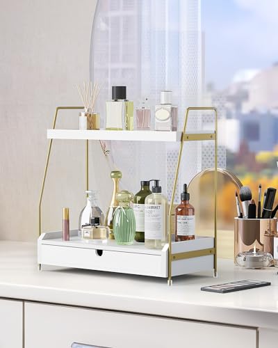 MONVANE 2-Tier Bathroom Organizer Countertop - Solid Wood Bathroom Counter Organizer with Drawer, Simple Standing Vanity Tray for Bathroom Organization and Bathroom Storage (White and Gold)