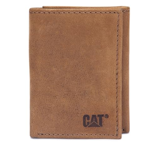 Caterpillar Men's Leather Trifold Wallet with ID Window, Tan, One Size