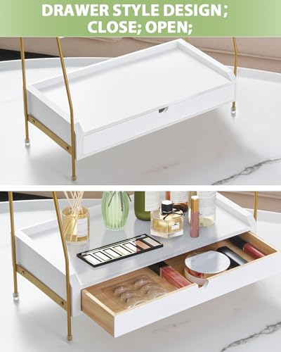 MONVANE 2-Tier Bathroom Organizer Countertop - Solid Wood Bathroom Counter Organizer with Drawer, Simple Standing Vanity Tray for Bathroom Organization and Bathroom Storage (White and Gold)