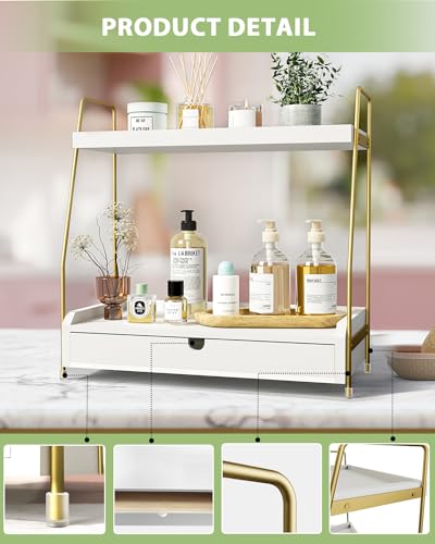 MONVANE 2-Tier Bathroom Organizer Countertop - Solid Wood Bathroom Counter Organizer with Drawer, Simple Standing Vanity Tray for Bathroom Organization and Bathroom Storage (White and Gold)