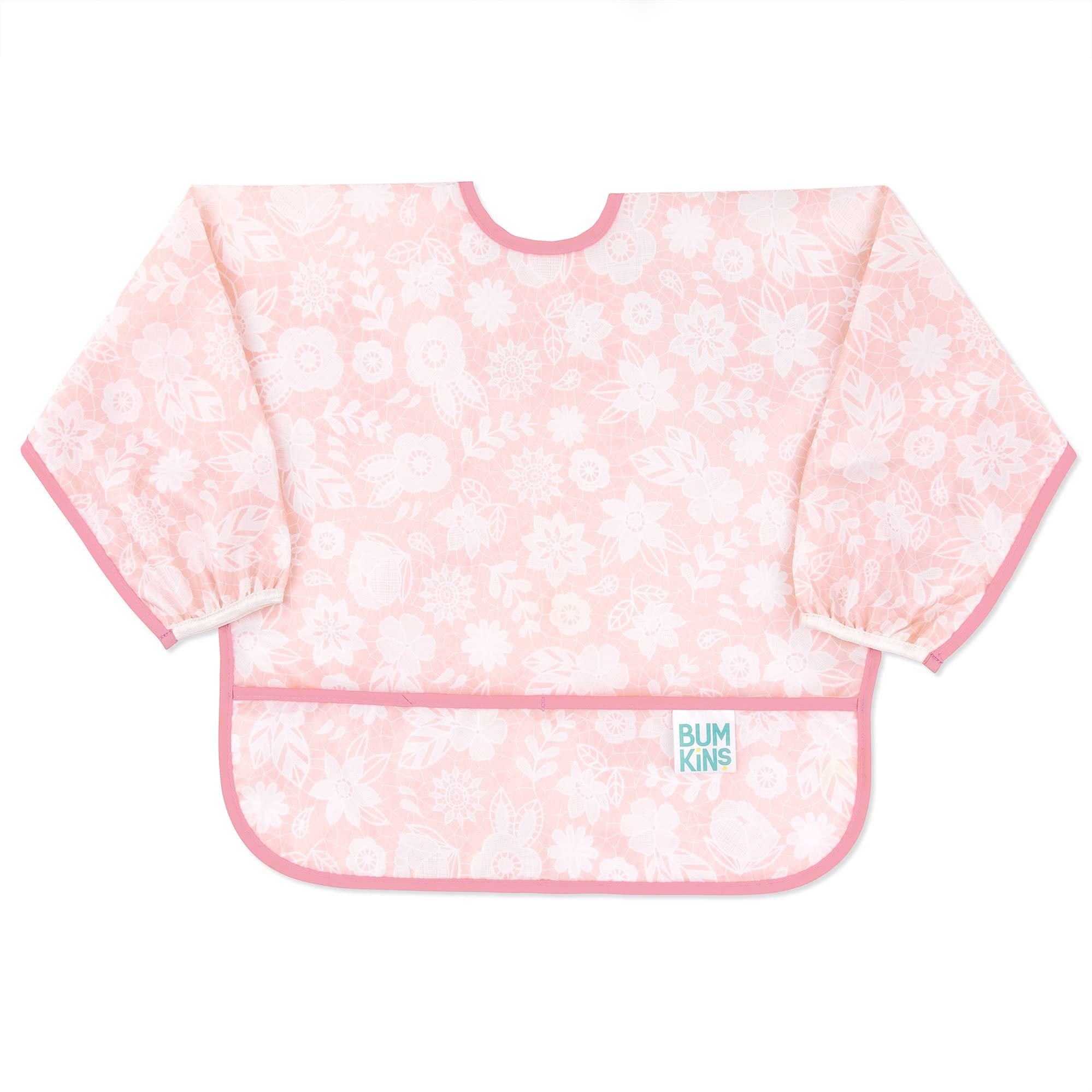 Bumkins Sleeved Bib for Girl or Boy, Baby and Toddler for 6-24 Mos, Essential Must Have for Eating, Feeding, Baby Led Weaning Supplies, Long Sleeve Mess Saving Food Catcher, Soft Fabric, Lace Pink