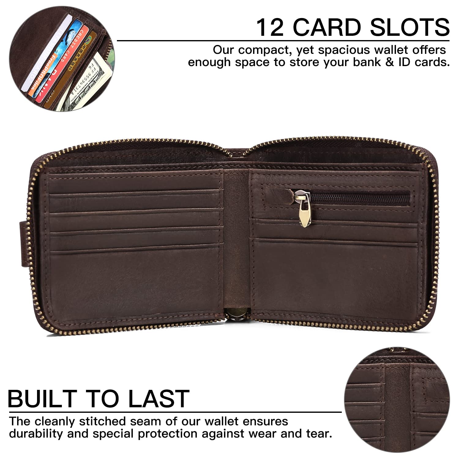GOIACII Zipper Wallet for Men Genuine Leather RFID Blocking Mens Wallet with Zipper Coin Pocket ID Window Zipper Wallets Large Capacity