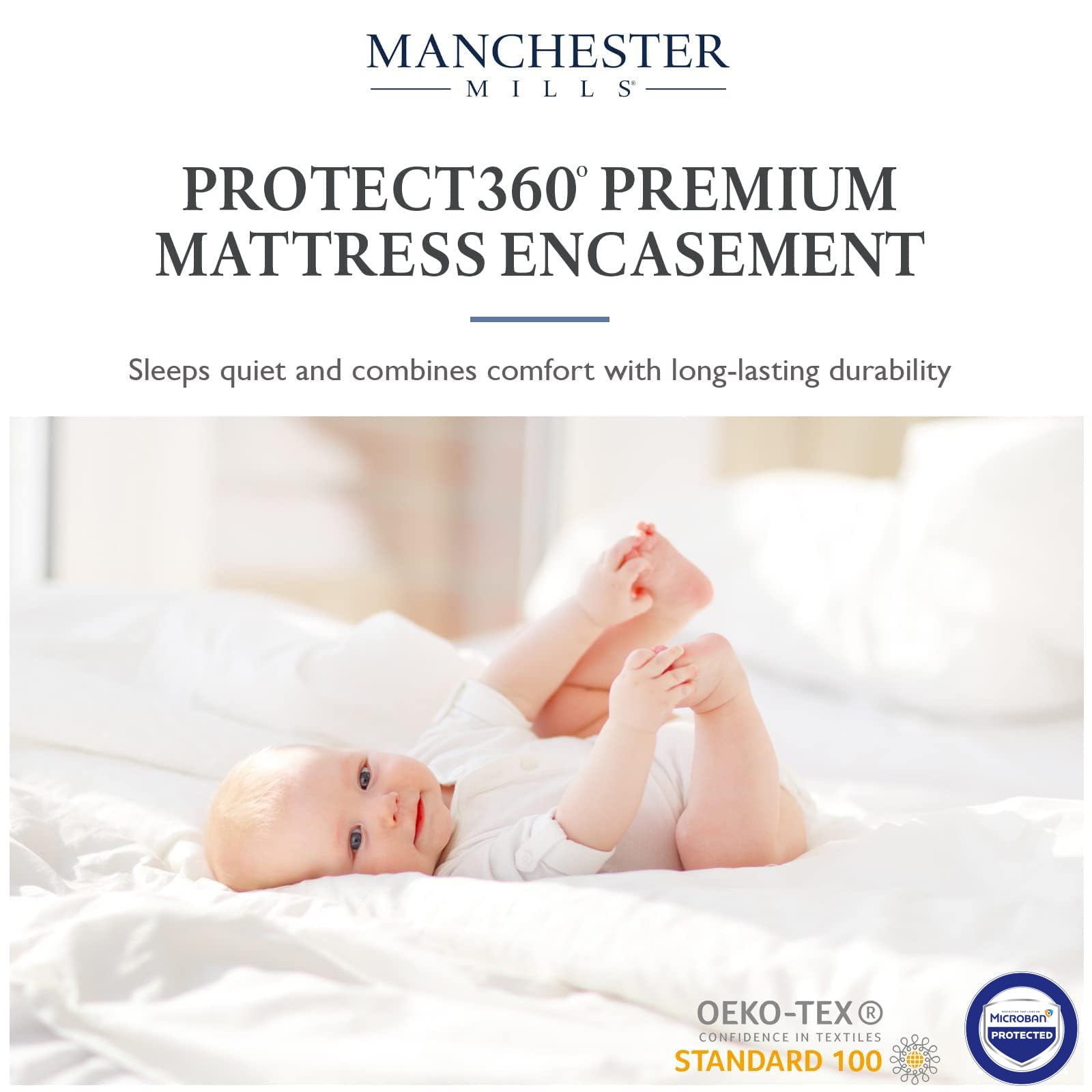 Manchester Mills Protect360 Premium Mattress Encasement and Protector – Twin XL, Microban Product Protection, Knitted Polyester, Waterproof, Bed Bug Prevention, 12" Depth, White