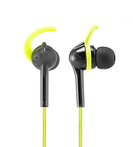 Wicked Audio Fang — Earbud Headphones for Exercise — Sweat Resistant Wired Headphones with Microphone and Track Control, Tangle-Free Cord and Smart Plug — Black/Lime
