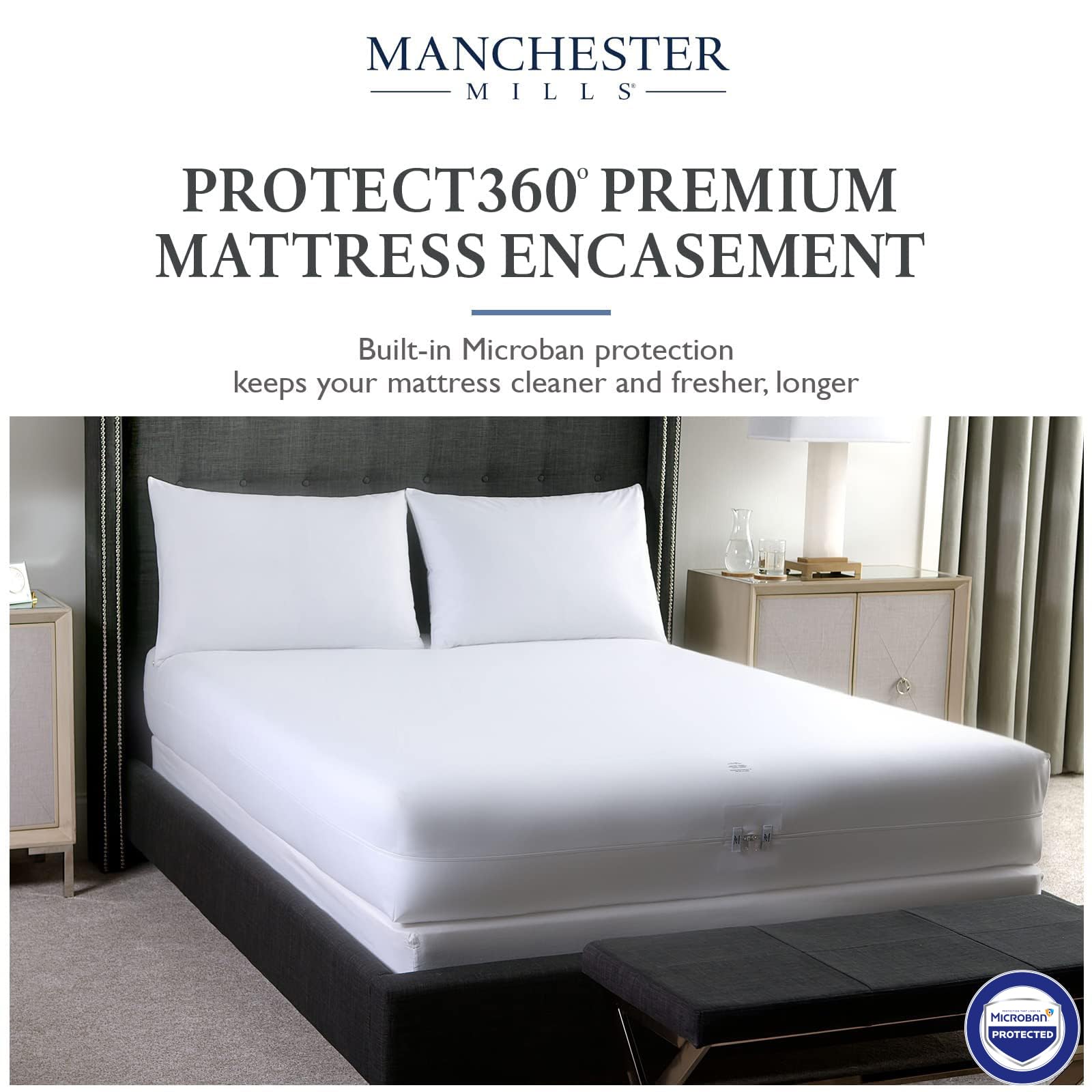 Manchester Mills Protect360 Premium Mattress Encasement and Protector – Twin XL, Microban Product Protection, Knitted Polyester, Waterproof, Bed Bug Prevention, 12" Depth, White