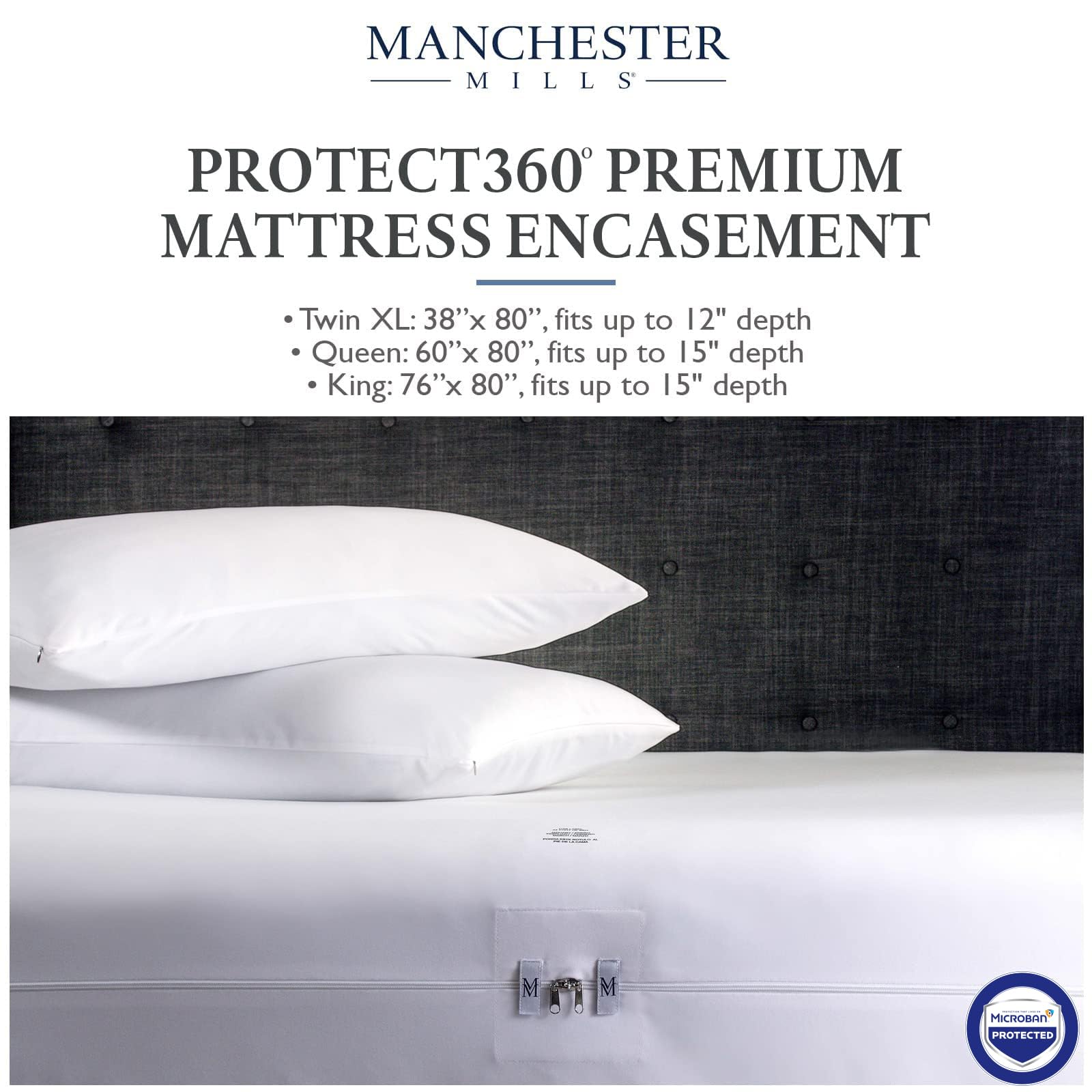 Manchester Mills Protect360 Premium Mattress Encasement and Protector – Twin XL, Microban Product Protection, Knitted Polyester, Waterproof, Bed Bug Prevention, 12" Depth, White