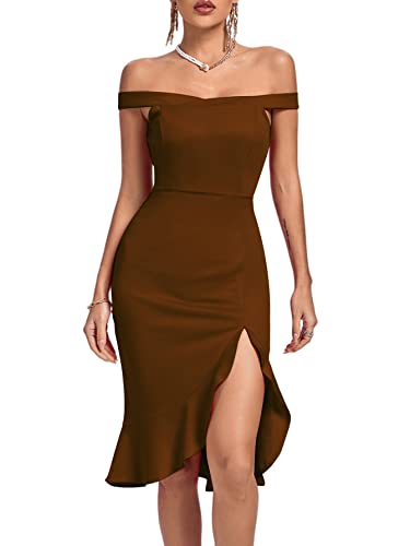 LYANER Women's Off Shoulder Ruffle Split Hem Bodycon Party Club Midi Dress Brown Medium