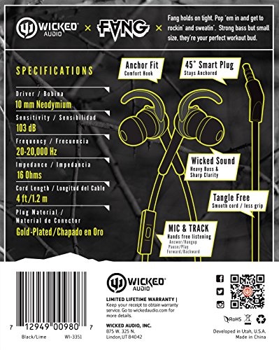 Wicked Audio Fang — Earbud Headphones for Exercise — Sweat Resistant Wired Headphones with Microphone and Track Control, Tangle-Free Cord and Smart Plug — Black/Lime