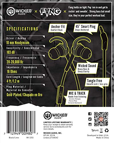 Wicked Audio Fang — Earbud Headphones for Exercise — Sweat Resistant Wired Headphones with Microphone and Track Control, Tangle-Free Cord and Smart Plug — Black/Lime