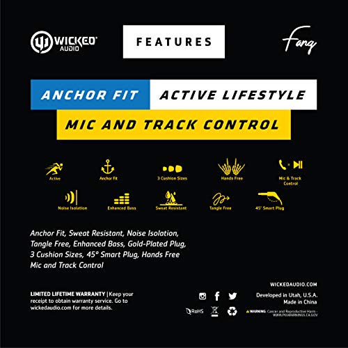 Wicked Audio Fang — Earbud Headphones for Exercise — Sweat Resistant Wired Headphones with Microphone and Track Control, Tangle-Free Cord and Smart Plug — Black/Lime