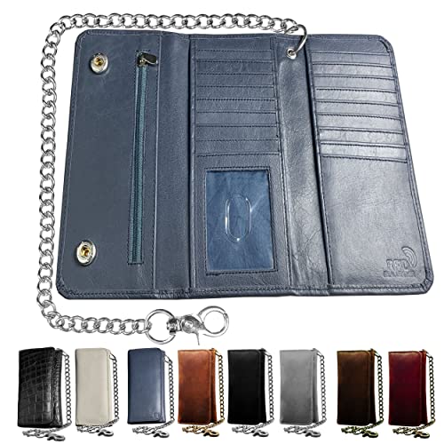 IBRO Motorcycle Chain Wallet for Men – 100% Natural Genuine Leather, Long Trifold RFID Blocking, Credit Card Money Organizer - Men’s Trucker Biker Metal Chain Wallets Steel Blue