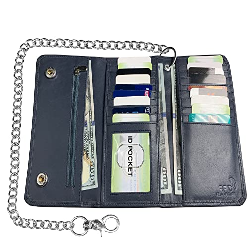 IBRO Motorcycle Chain Wallet for Men – 100% Natural Genuine Leather, Long Trifold RFID Blocking, Credit Card Money Organizer - Men’s Trucker Biker Metal Chain Wallets Steel Blue