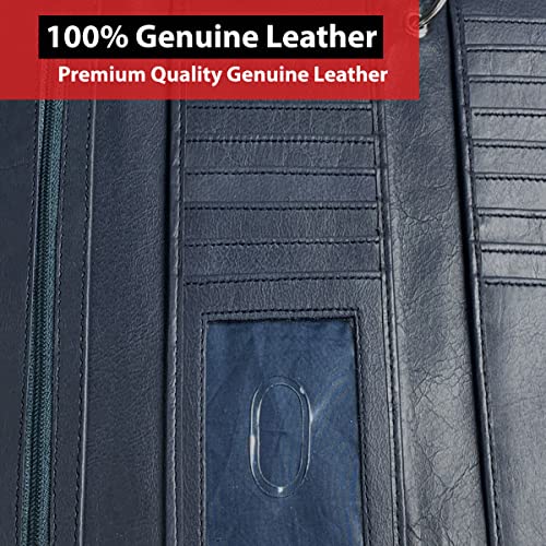 IBRO Motorcycle Chain Wallet for Men – 100% Natural Genuine Leather, Long Trifold RFID Blocking, Credit Card Money Organizer - Men’s Trucker Biker Metal Chain Wallets Steel Blue