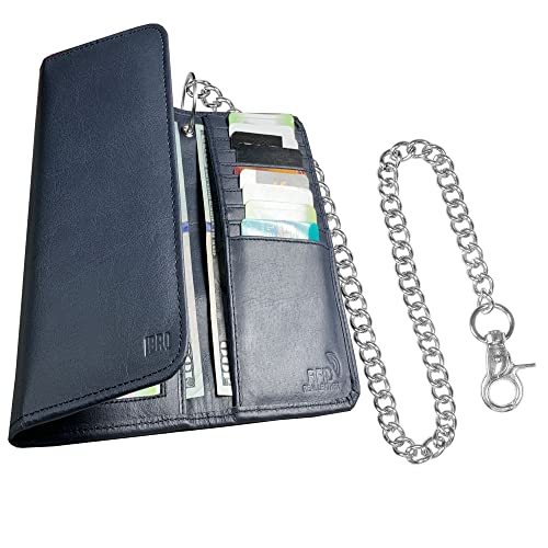 IBRO Motorcycle Chain Wallet for Men – 100% Natural Genuine Leather, Long Trifold RFID Blocking, Credit Card Money Organizer - Men’s Trucker Biker Metal Chain Wallets Steel Blue