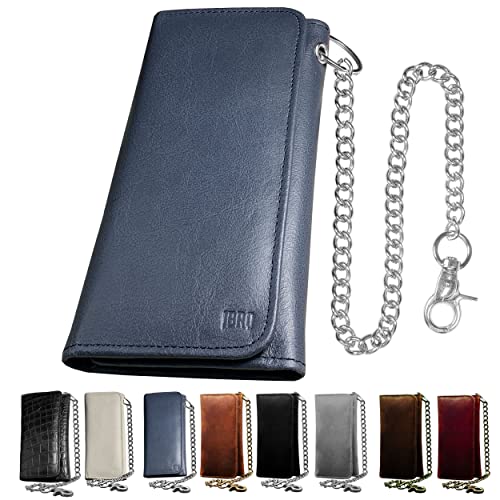 IBRO Motorcycle Chain Wallet for Men – 100% Natural Genuine Leather, Long Trifold RFID Blocking, Credit Card Money Organizer - Men’s Trucker Biker Metal Chain Wallets Steel Blue