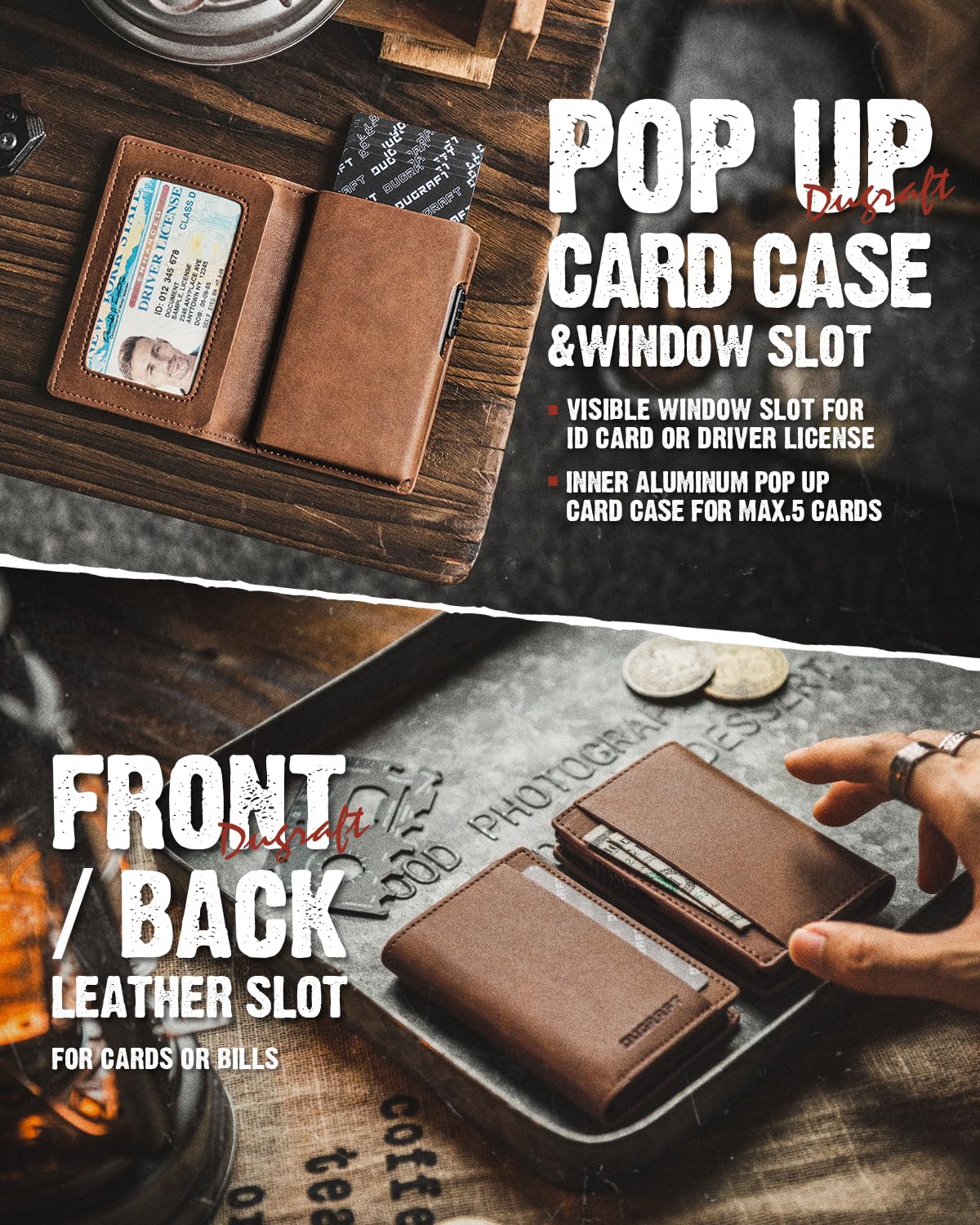 DUGRAFT Mens Bifold Card Holder with Aluminum POP UP Credit Card Ejector RFID Blocking, ID Window and 2 Extra Card Slots, Gift Box Packed, Brown