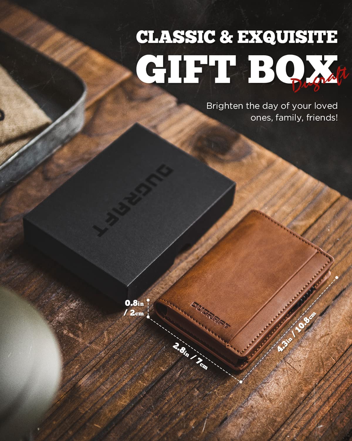 DUGRAFT Mens Bifold Card Holder with Aluminum POP UP Credit Card Ejector RFID Blocking, ID Window and 2 Extra Card Slots, Gift Box Packed, Brown