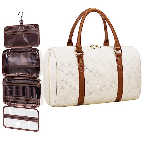 LOVEVOOK Travel Toiletry Bag for Women, Bathroom Toiletry Organizer with Hanging Hook, Large Makeup Case with Detachable Pocket, Perfect Cosmetic Traveling Essential for Full Sized, Beige-Brown