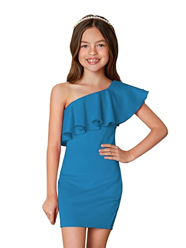 WDIRARA Girl's One Shoulder Ruffle Trim Flounce Sleeve Pencil Party Birthday Dress Blue 8Y