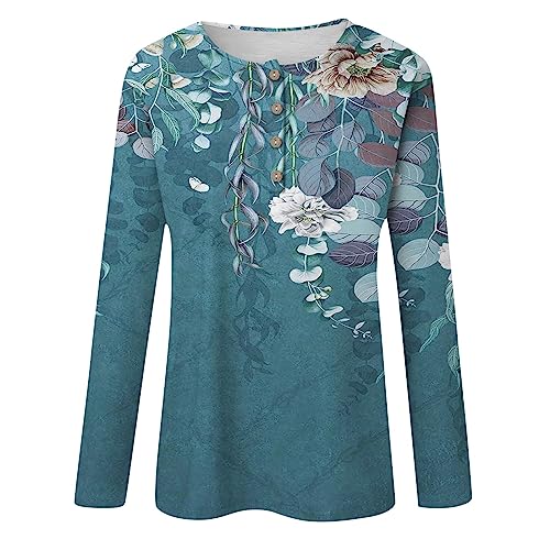 Women's Tops Fall Comfortable Blouse Printed Loose Fit Pullover Casual Tunic Button Down Full XL Mattress Topper Shirt Long Sleeve Tshirt Neck Shirts for Women（4-Blue,Small）