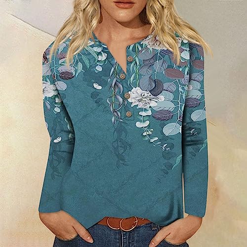 Women's Tops Fall Comfortable Blouse Printed Loose Fit Pullover Casual Tunic Button Down Full XL Mattress Topper Shirt Long Sleeve Tshirt Neck Shirts for Women（4-Blue,Small）