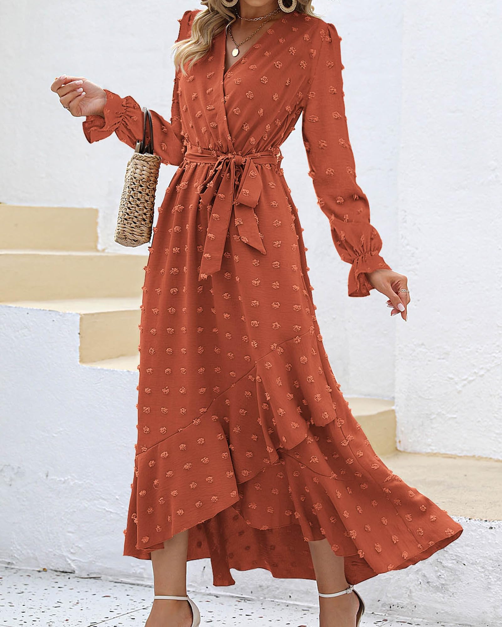 BTFBM Women's Boho Cocktail Maxi Dress 2024 Fall Fashion V Neck Swiss Dot Long Sleeve Flowy Slit Wedding Party Dresses(Swiss Dot Orange, Large)