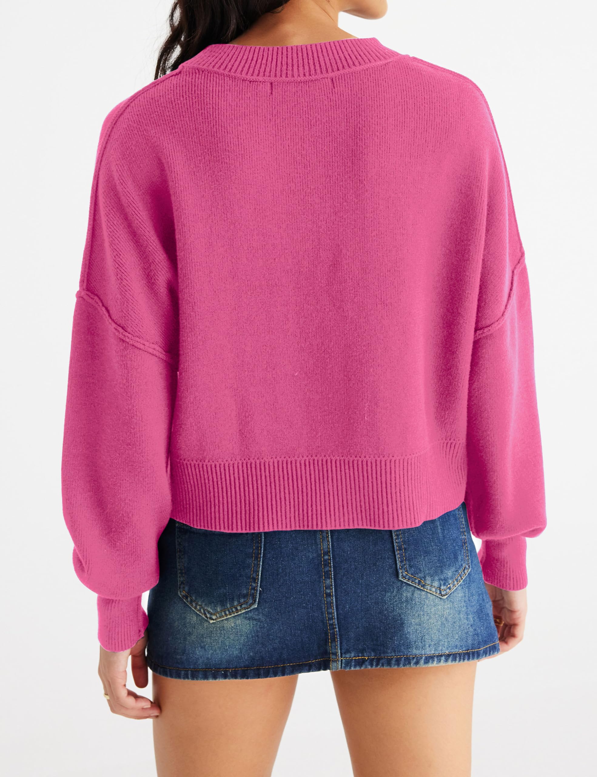 MEROKEETY Oversized Cropped Sweaters for Women Fall 2025 Trendy Crewneck Batwing Sleeve Knit Tops Side Slit Pullover Sweater Jumper HotPink Small