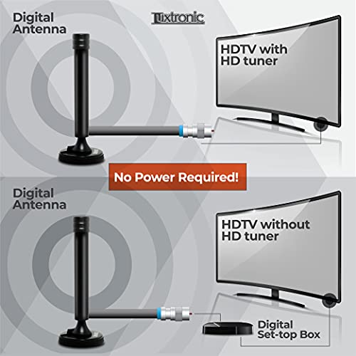 Gray HDTV Antenna - 7.5” Antenna w/ 360 Degree Reception for Signals 40 Miles Away - 2.5” Magnetic Base and 10’ Coaxial Cable - Great for Portable Use - Compatible w/ 1080P and 4K Smart TVs