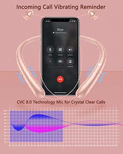 Bluetooth Headphones, Wireless Neckband Headset with Retractable Earbuds, Stereo Earphones w/Noise Canceling Mic for Conferences, Work Out, Travel, Compatible with Android iPhone (Rose Gold)