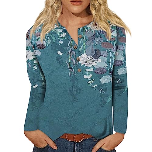 Women's Tops Fall Comfortable Blouse Printed Loose Fit Pullover Casual Tunic Button Down Full XL Mattress Topper Shirt Long Sleeve Tshirt Neck Shirts for Women(4-Blue,Small)