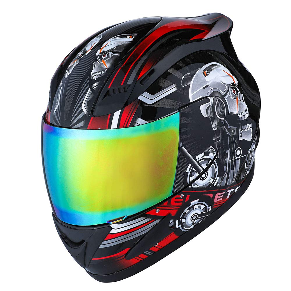 1Storm Motorcycle Bike Full FACE Helmet Mechanic Skull - Tinted Visor RED