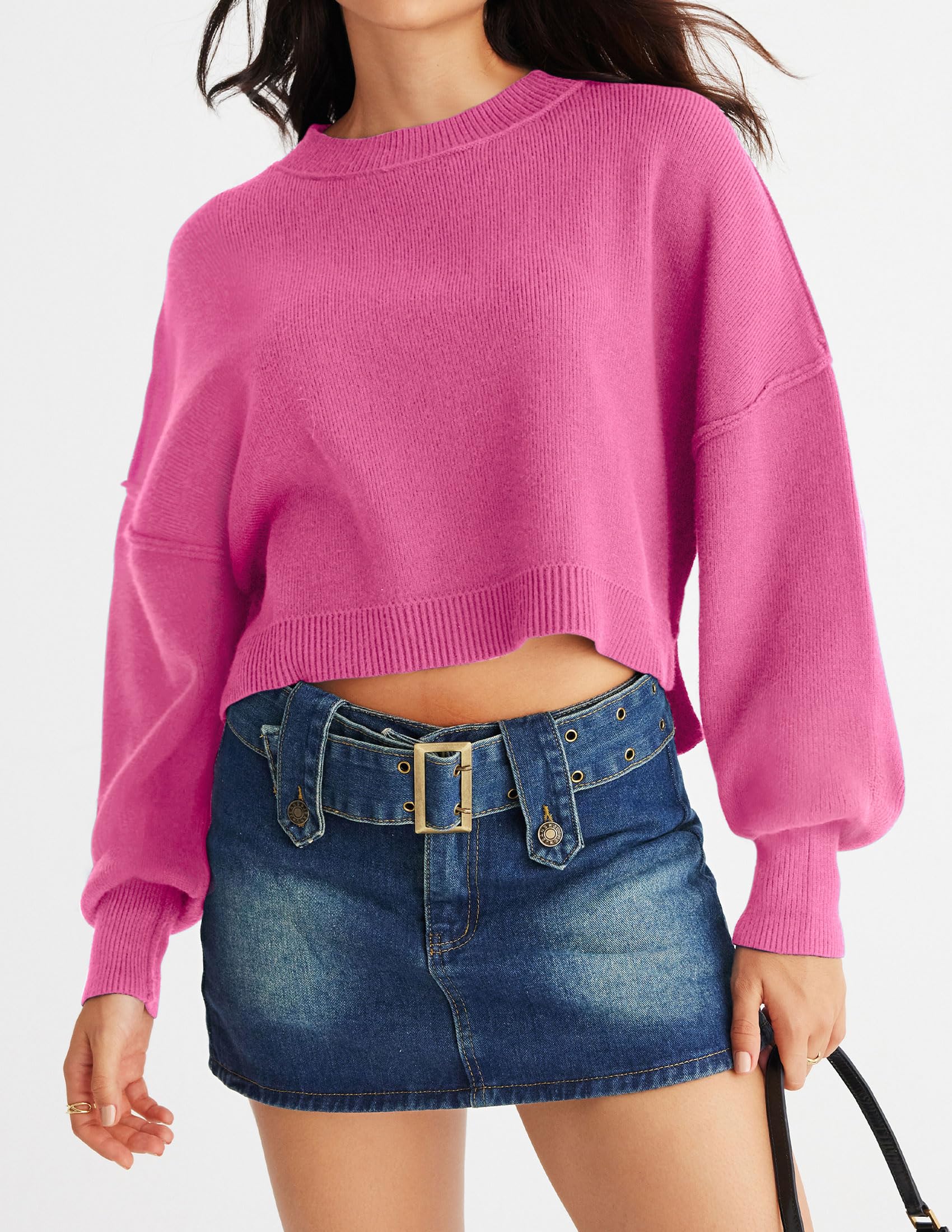 MEROKEETY Oversized Cropped Sweaters for Women Fall 2025 Trendy Crewneck Batwing Sleeve Knit Tops Side Slit Pullover Sweater Jumper HotPink Small