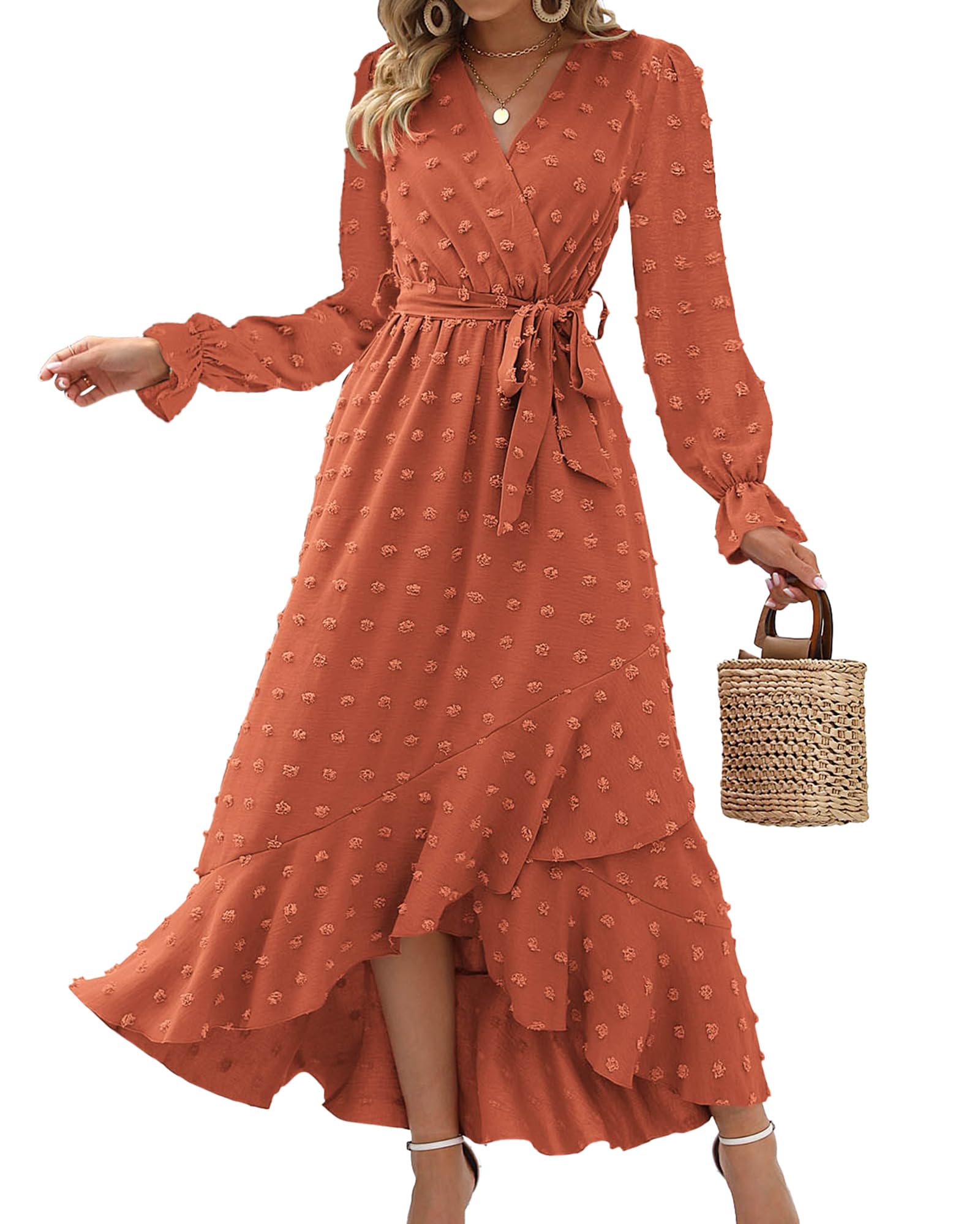 BTFBM Women's Boho Cocktail Maxi Dress 2024 Fall Fashion V Neck Swiss Dot Long Sleeve Flowy Slit Wedding Party Dresses(Swiss Dot Orange, Large)