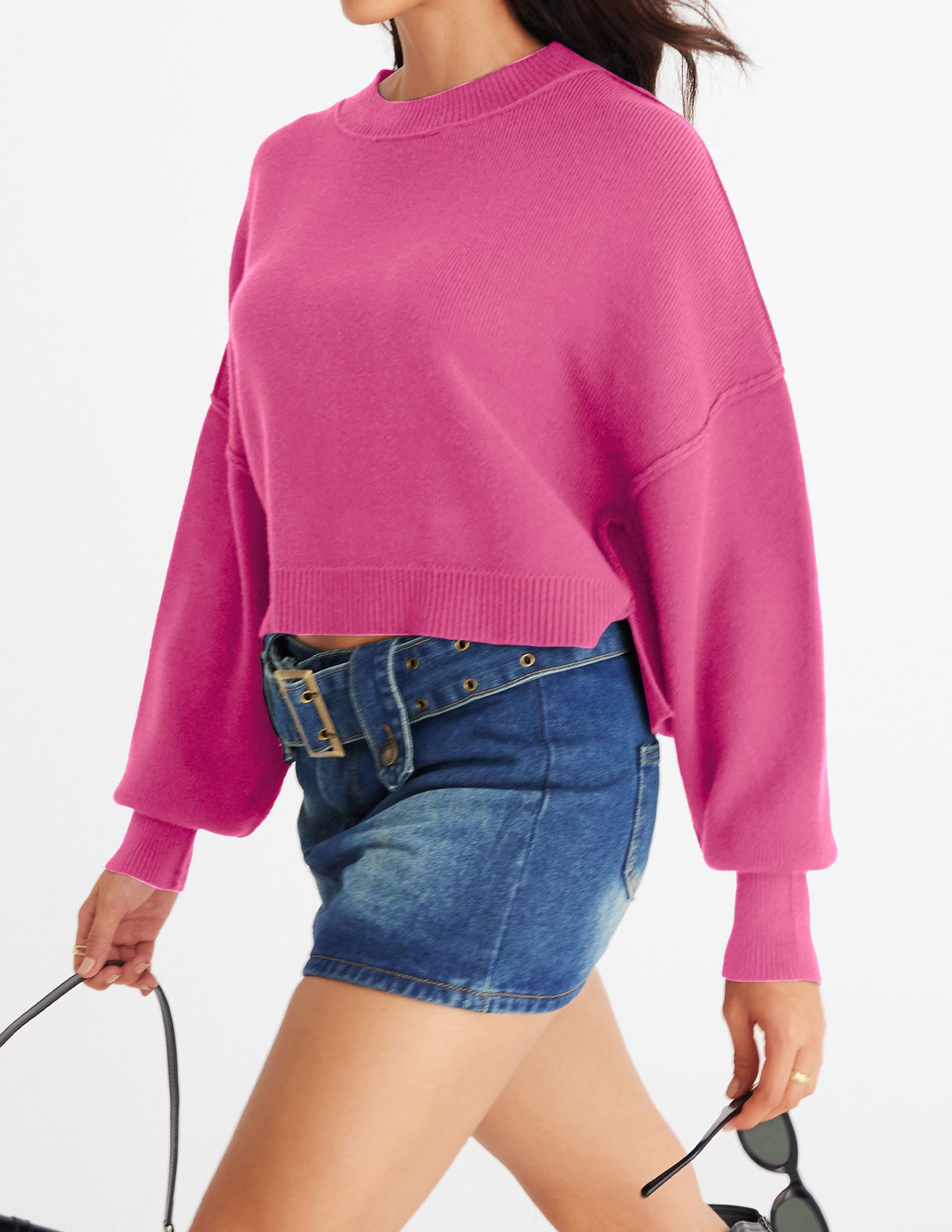 MEROKEETY Oversized Cropped Sweaters for Women Fall 2025 Trendy Crewneck Batwing Sleeve Knit Tops Side Slit Pullover Sweater Jumper HotPink Small